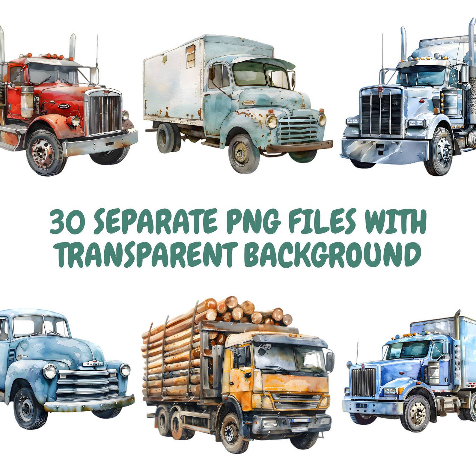Watercolor Trucks Clipart Bundle, Pickup Truck Clipart, Transportation ...