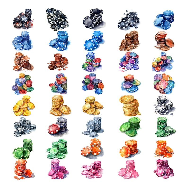 Watercolor Poker Chips Clipart Bundle, Casino Chips Clipart, Gambling ...