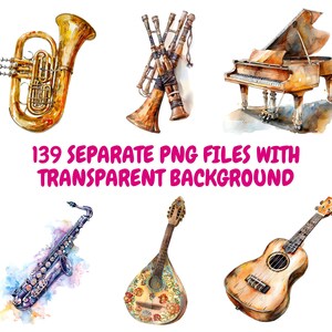 Watercolor Musical Instruments Clipart Bundle, Band Instruments Clipart ...