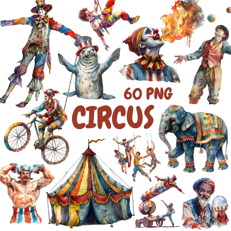 Watercolor Circus Clipart Bundle, Carnival Show Clipart, Circus ...