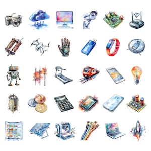 Watercolor Technology Clipart Bundle, Electronic Gadget Clipart ...