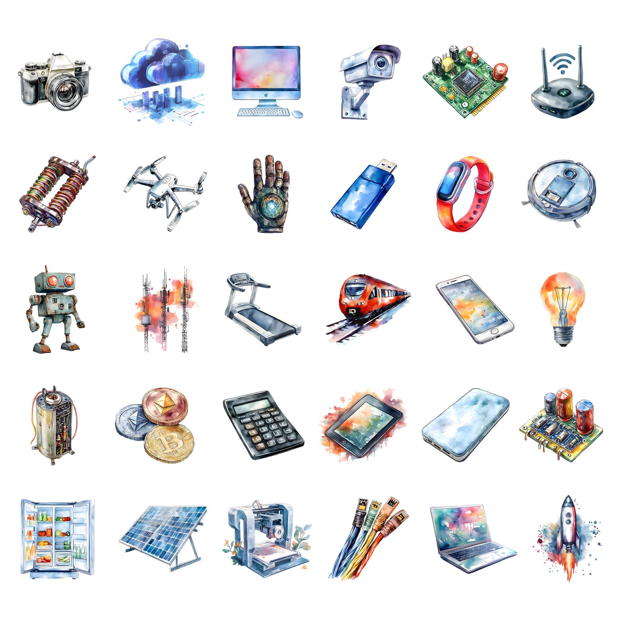 Watercolor Technology Clipart Bundle, Electronic Gadget Clipart ...