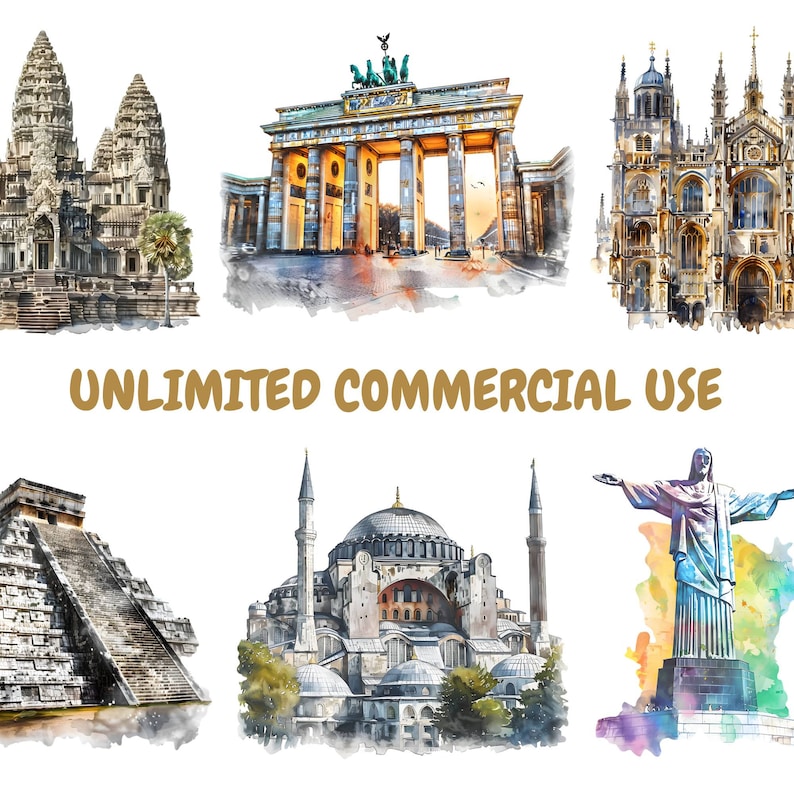 Watercolor Popular Landmarks Clipart Bundle, Famous Monuments Clipart ...