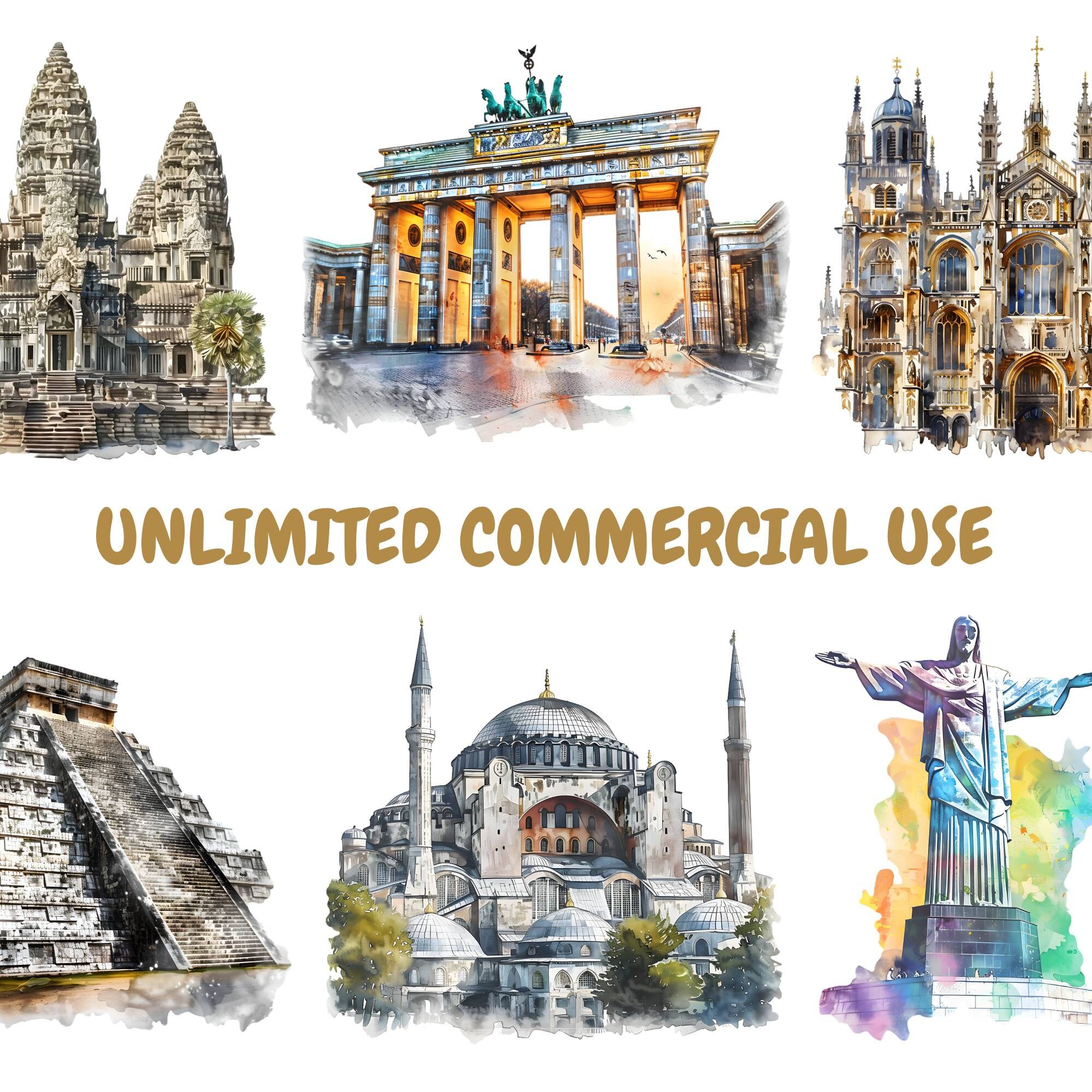 Watercolor Popular Landmarks Clipart Bundle, Famous Monuments Clipart ...
