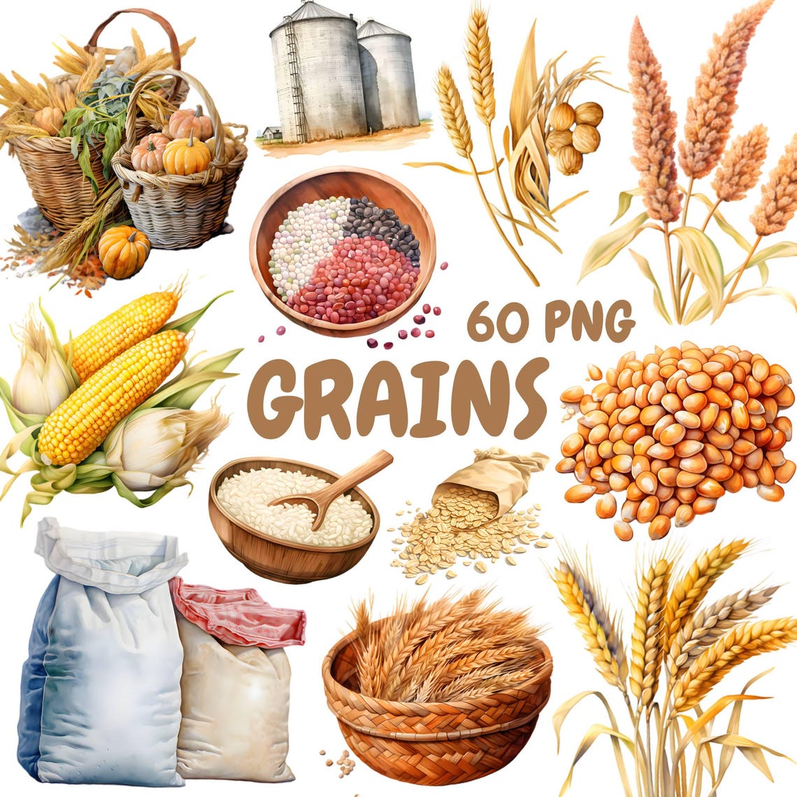 Watercolor Grains Clipart Bundle, Farm Harvest Clipart, Wheat ...