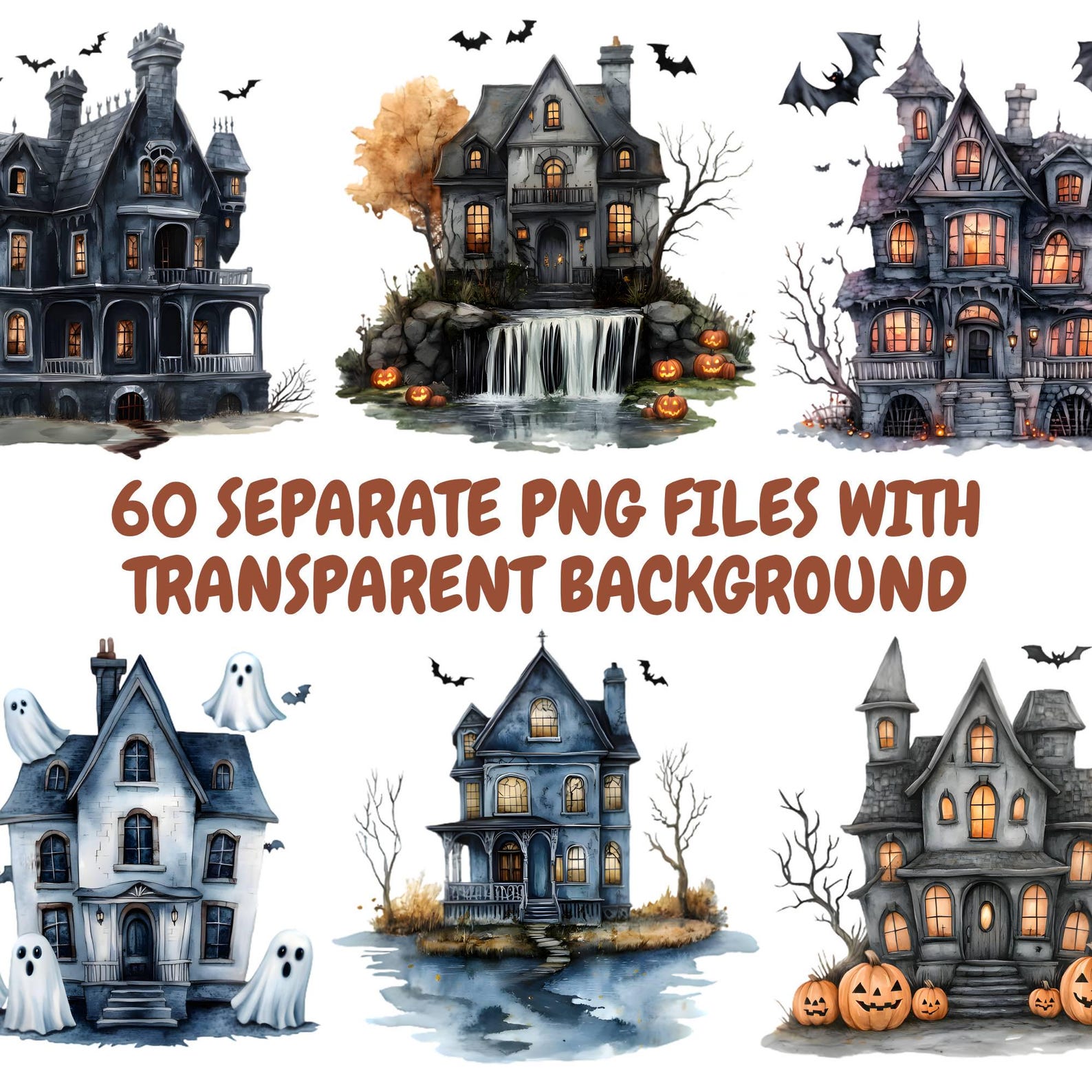 Watercolor Haunted House Clipart Bundle, Halloween House Clipart ...