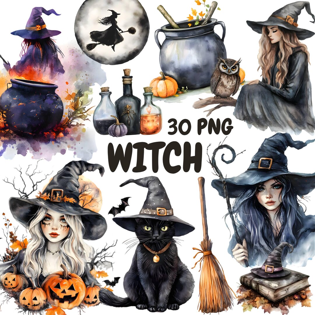 Watercolor Witch Clipart Bundle, Gothic Witch Clipart, Halloween Witch ...
