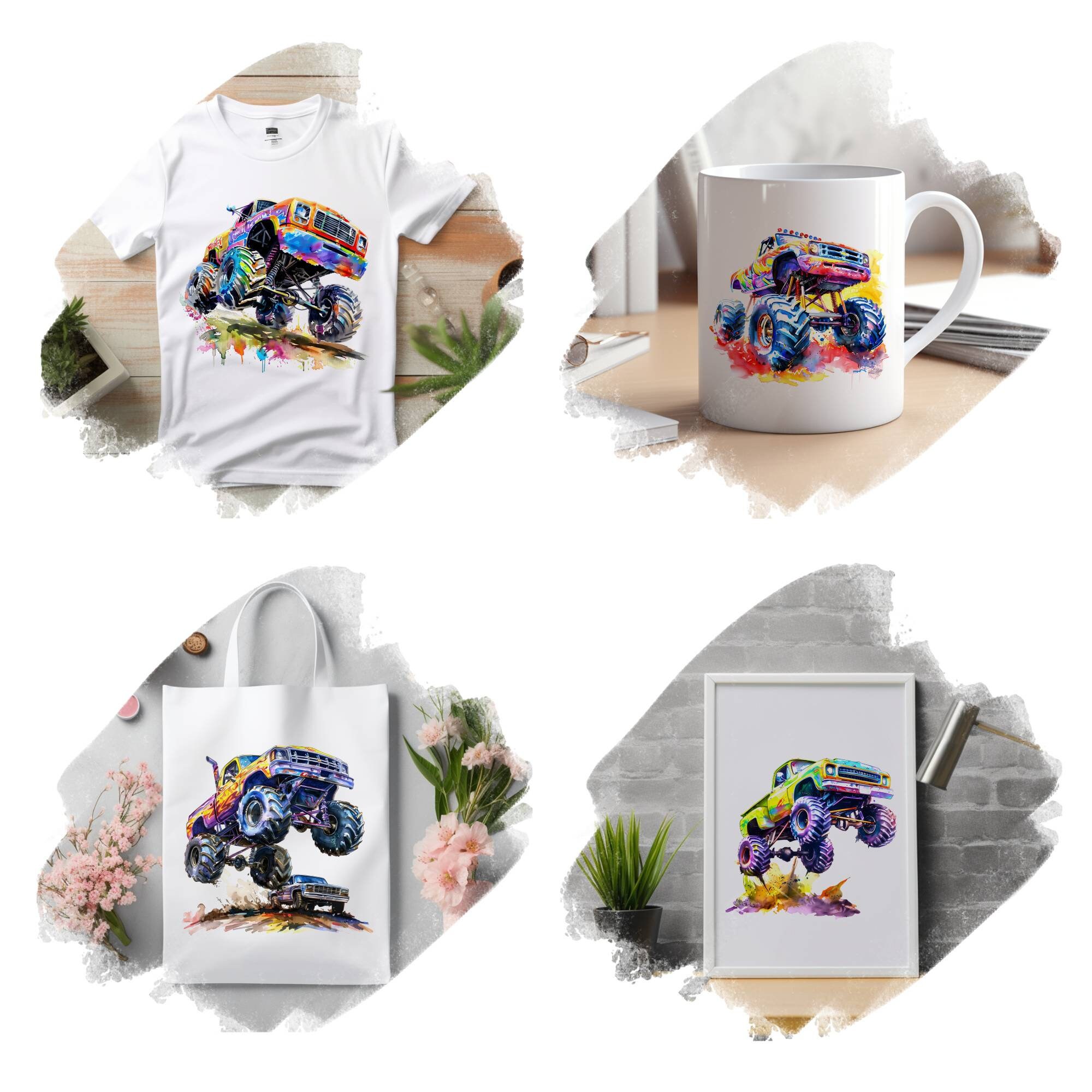 Watercolor Monster Trucks Clipart Bundle, Extreme Vehicle Clipart ...