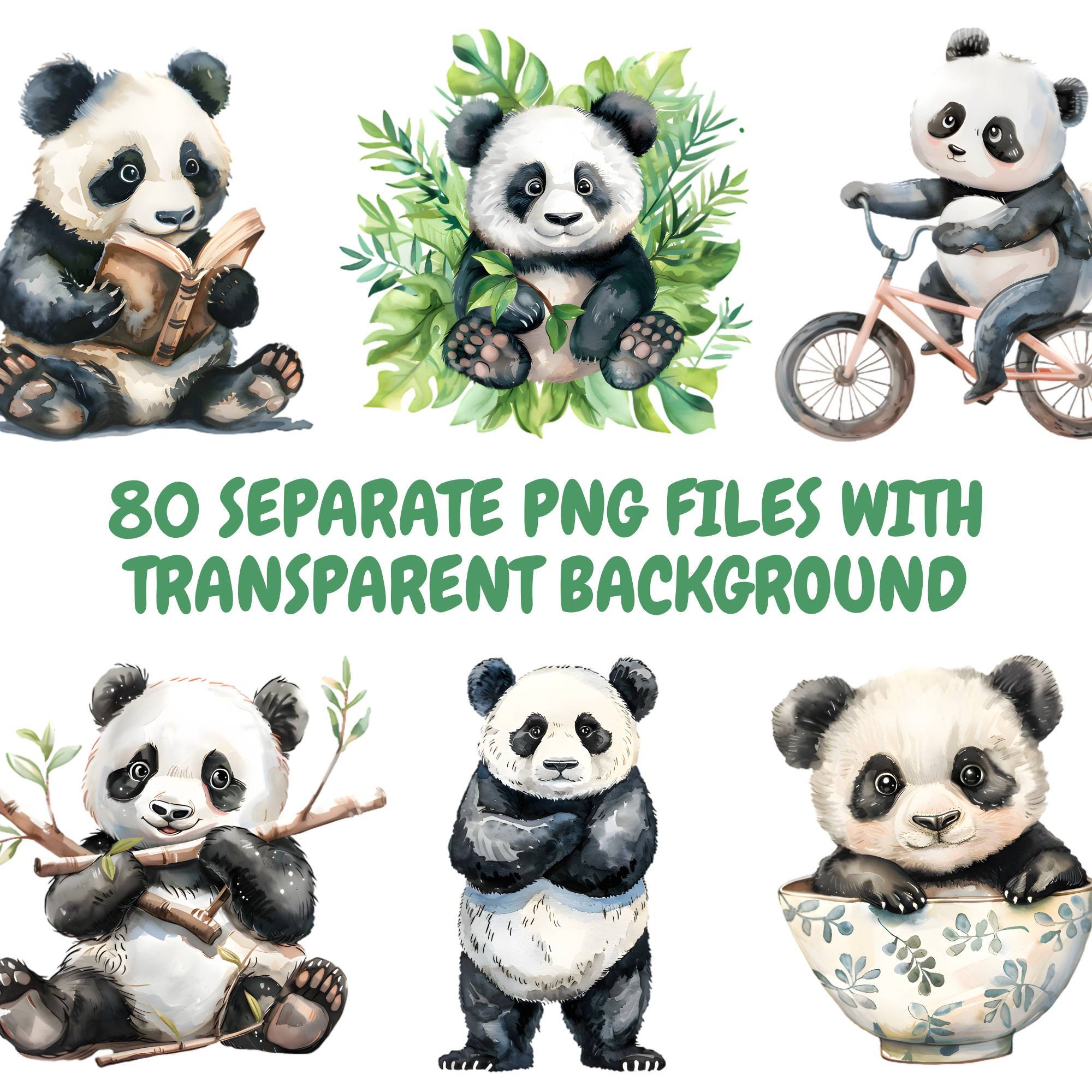 Watercolor Cute Pandas Clipart Bundle, Adorable Panda Clipart, Panda ...