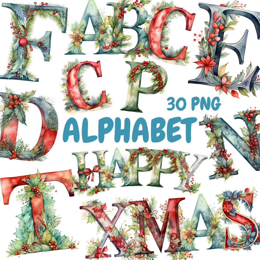 Watercolor Alphabet Clipart Bundle, Christmas Font Clipart, Greenery ...