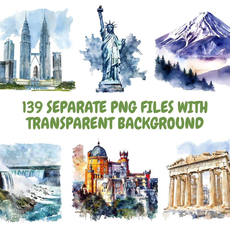 Watercolor Popular Landmarks Clipart Bundle, Famous Monuments Clipart ...