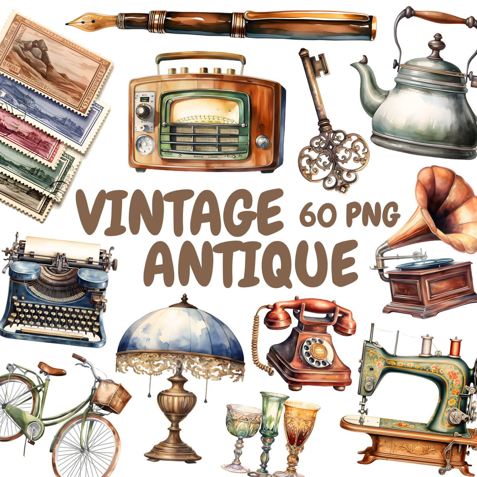 Watercolor Vintage Antique Clipart Bundle, Antique Telephone Clipart ...