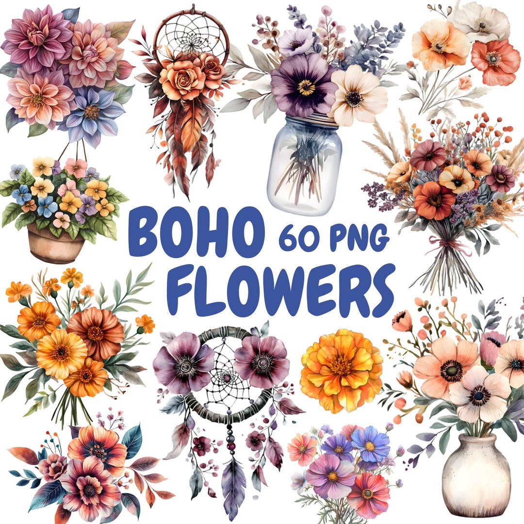 Watercolor Boho Flowers Clipart Bundle, Bohemian Flowers Clipart ...