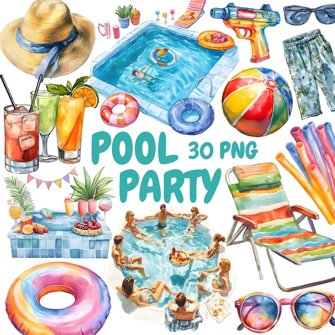 Watercolor Pool Party Clipart Bundle, Beach Ball Clipart, Summer ...