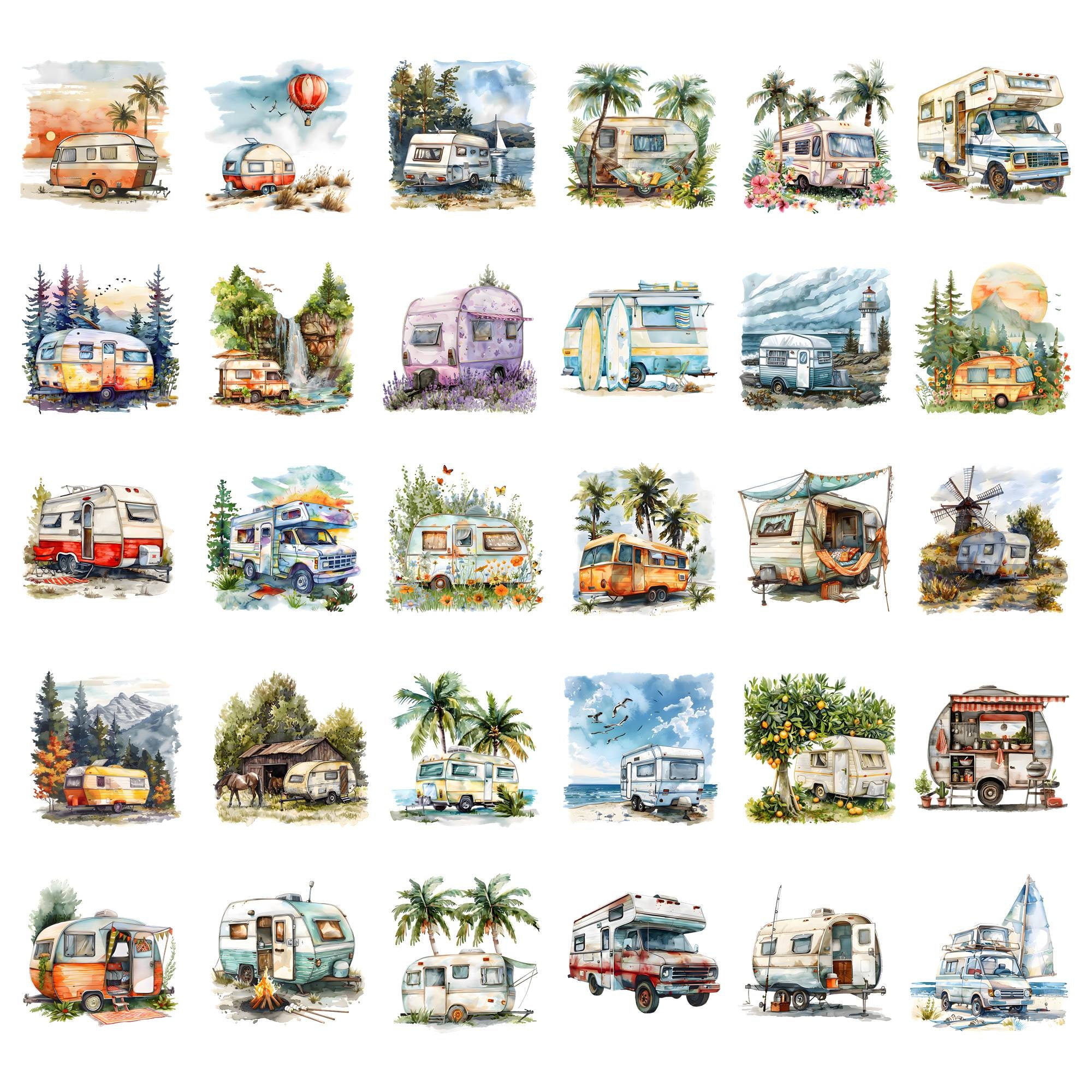 Watercolor Caravans Clipart Bundle, Camper Trailer Clipart, Camping ...