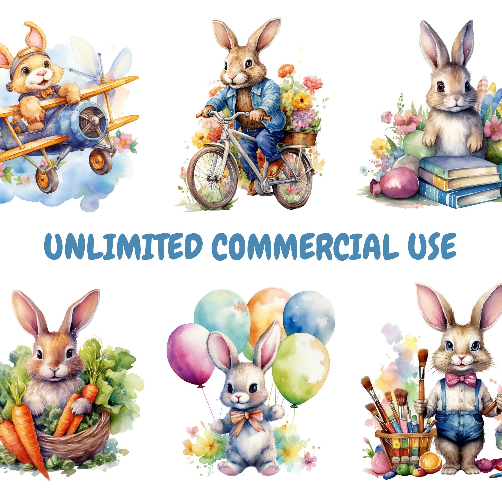 Watercolor Easter Bunnies Clipart Bundle, Cute Easter Bunny PNG, Happy ...
