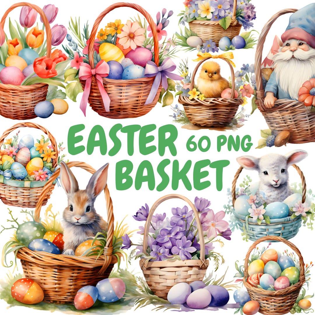 Watercolor Easter Basket Clipart Bundle, Easter Eggs Basket PNG, Happy ...