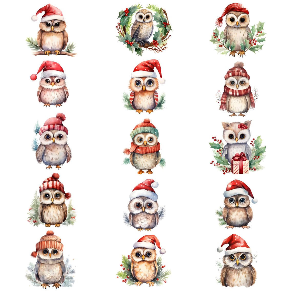 Watercolor Christmas Owls Clipart Bundle, Cute Owl Clipart, Winter Owl ...