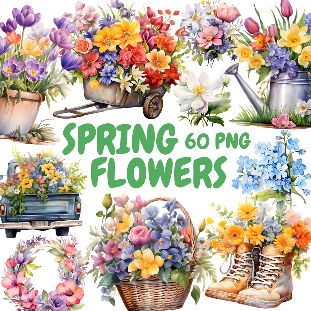 Watercolor Spring Flowers Clipart Bundle, Easter Floral Bouquet PNG ...