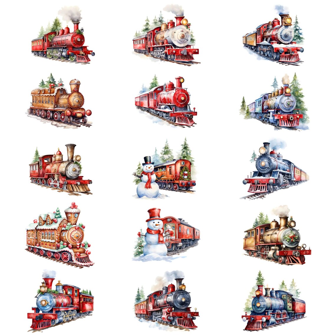Watercolor Christmas Trains Clipart Bundle, Holiday Train Clipart, Red ...