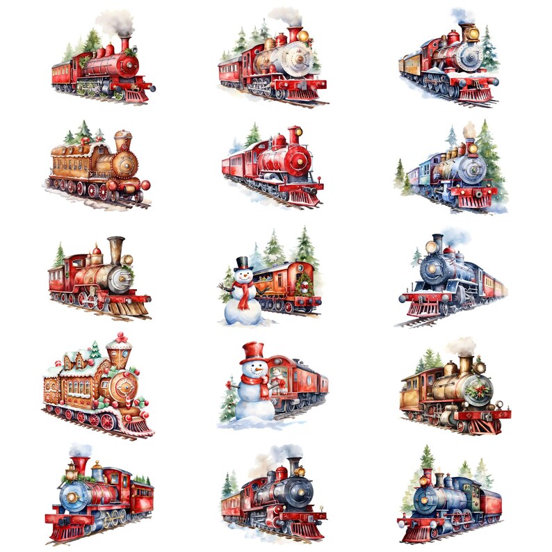 Watercolor Christmas Trains Clipart Bundle, Holiday Train Clipart, Red ...