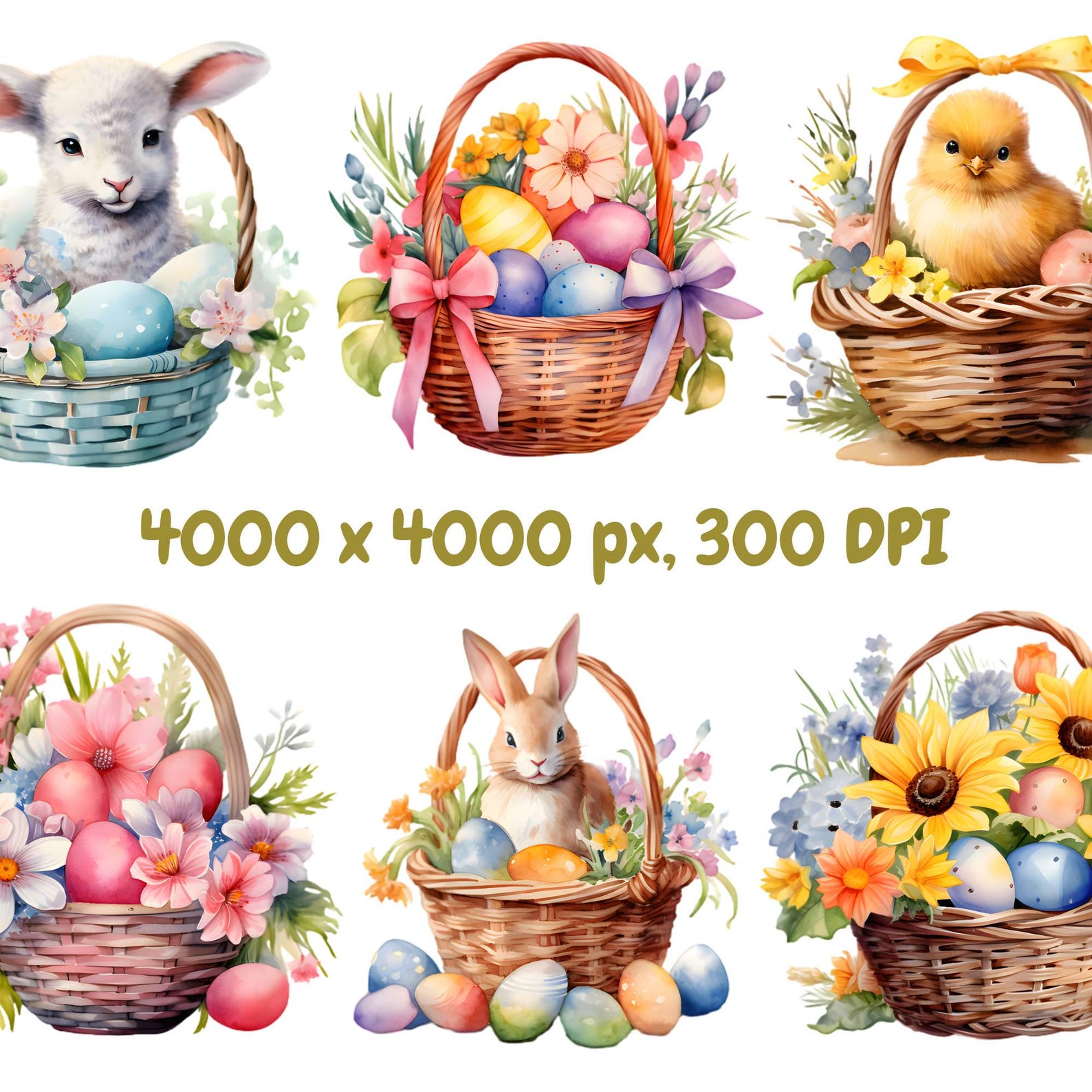 Watercolor Easter Basket Clipart Bundle, Easter Eggs Basket PNG, Happy ...