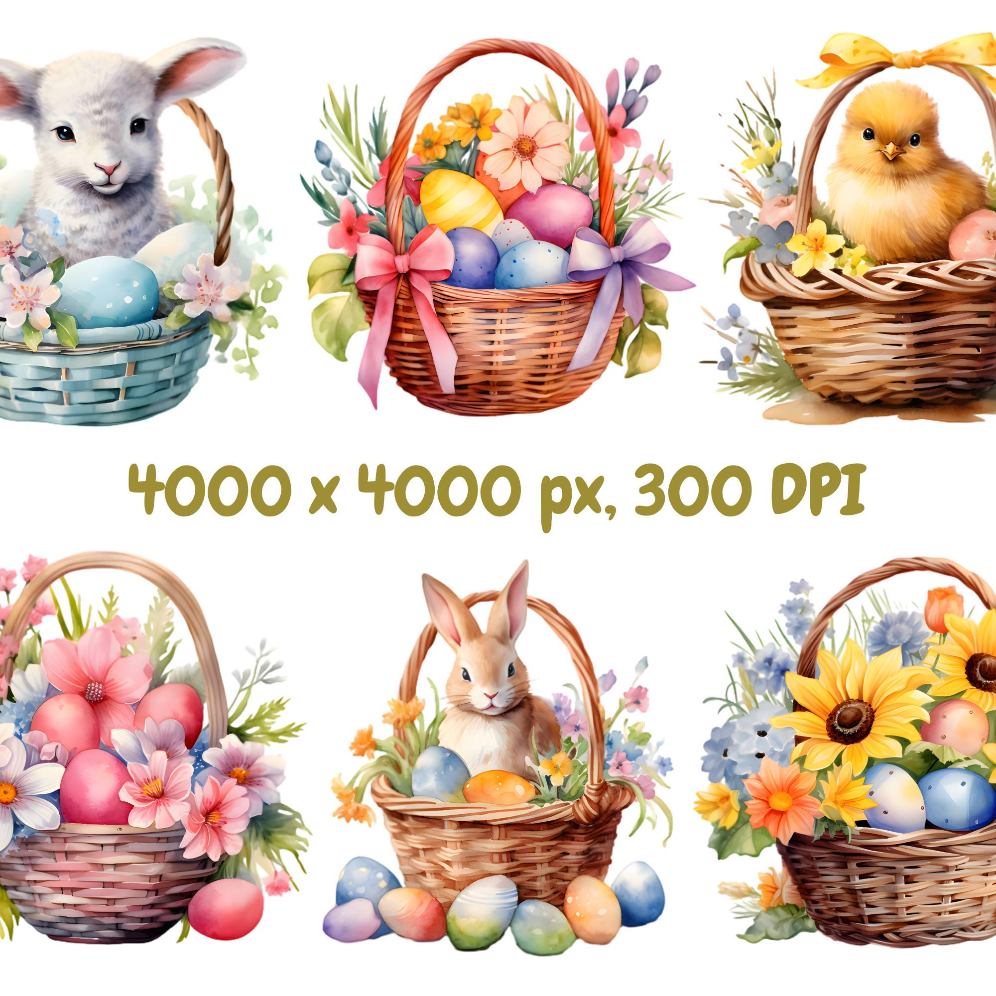 Watercolor Easter Basket Clipart Bundle, Easter Eggs Basket PNG, Happy ...