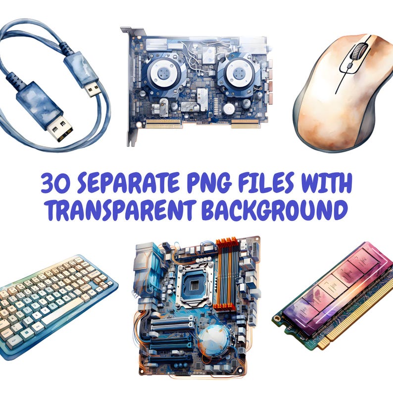 Watercolor Computer Parts Clipart Bundle, Graphics Card Clipart ...