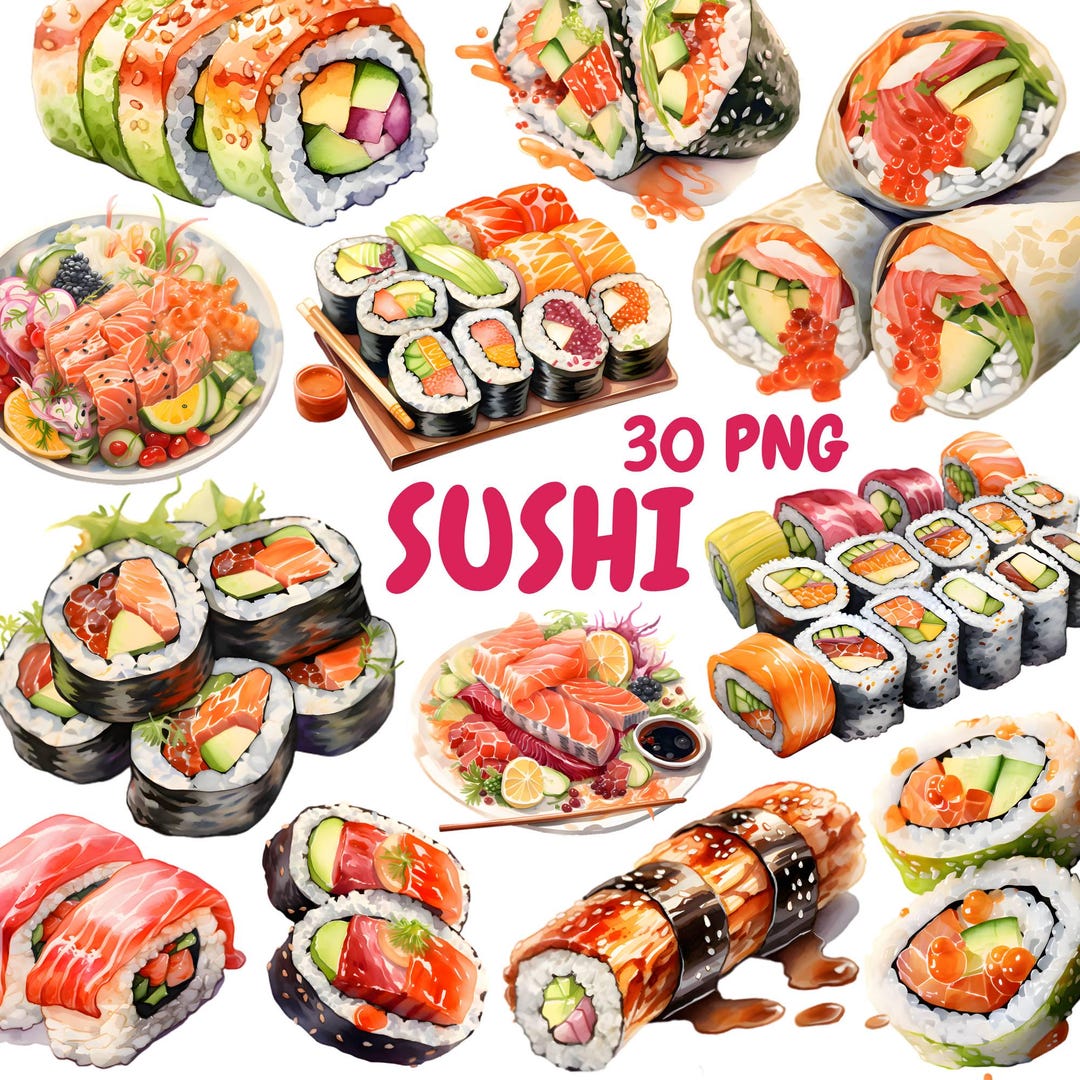 Watercolor Sushi Clipart Bundle, Japanese Food Clipart, Sushi ...