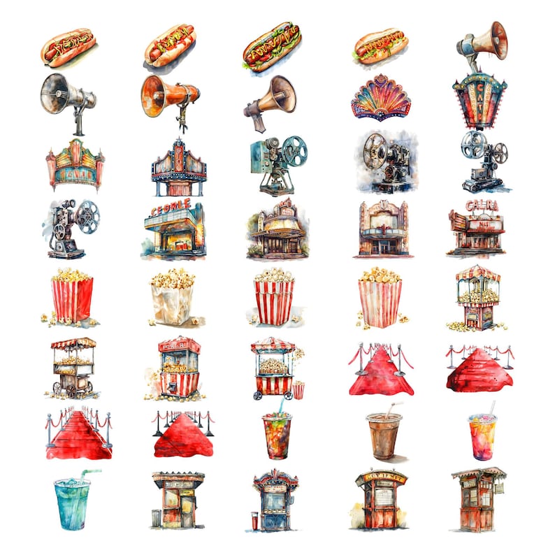 Watercolor Movie Night Clipart Bundle, Movie Theater Clipart, Cinema ...