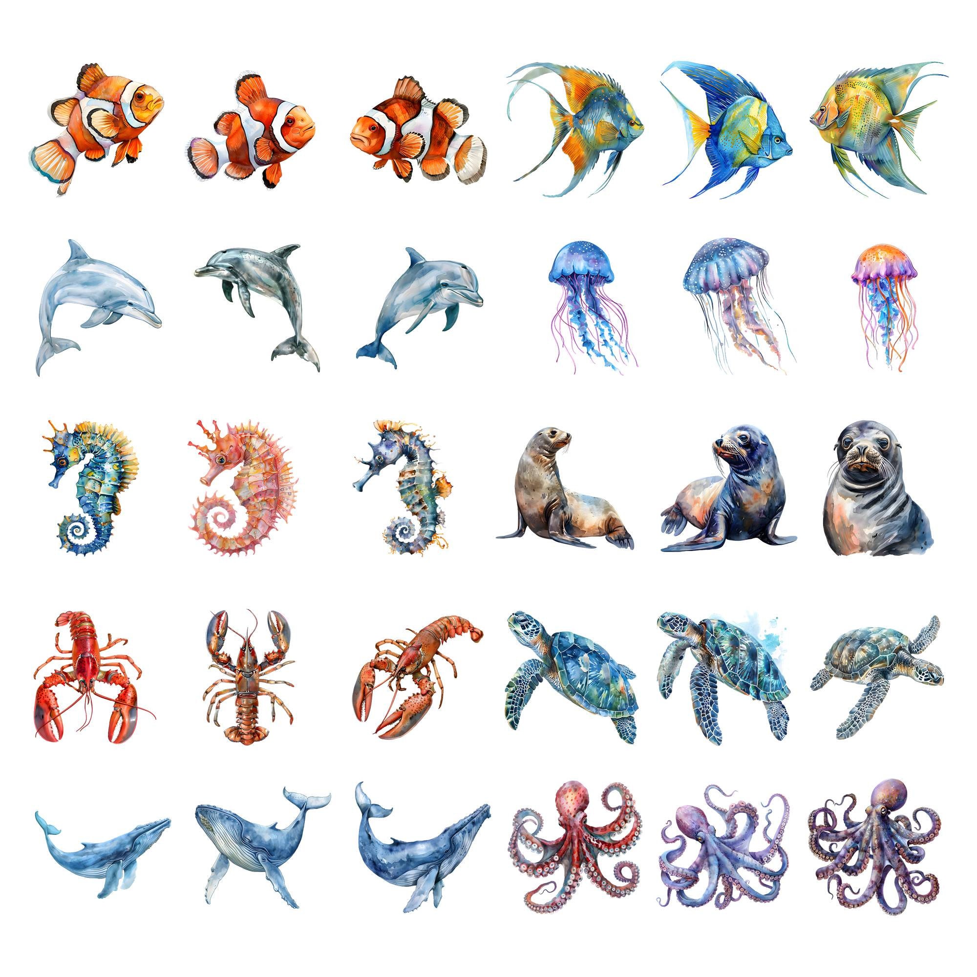 Watercolor Sea Creatures Clipart Bundle, Sea Animals Clipart, Octopus ...