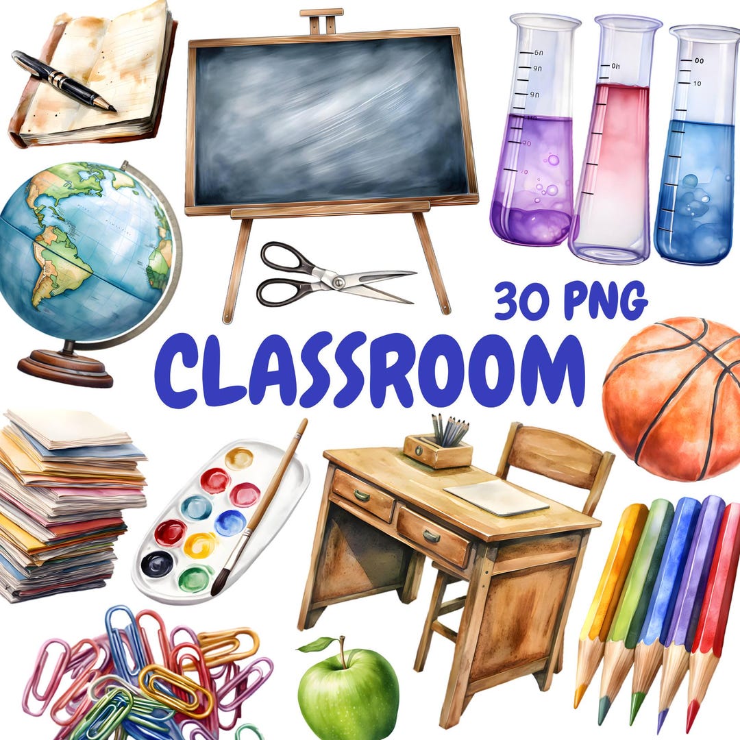 Watercolor Classroom Clipart Bundle, School Supplies Clipart, Teacher ...