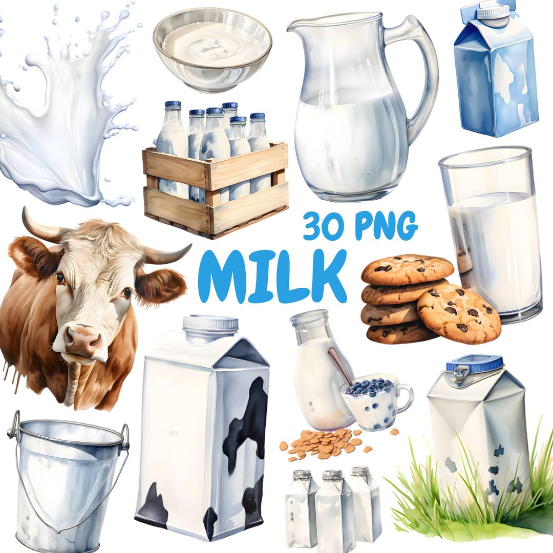 Watercolor Milk Clipart Bundle, Dairy Products Clipart, Milk ...