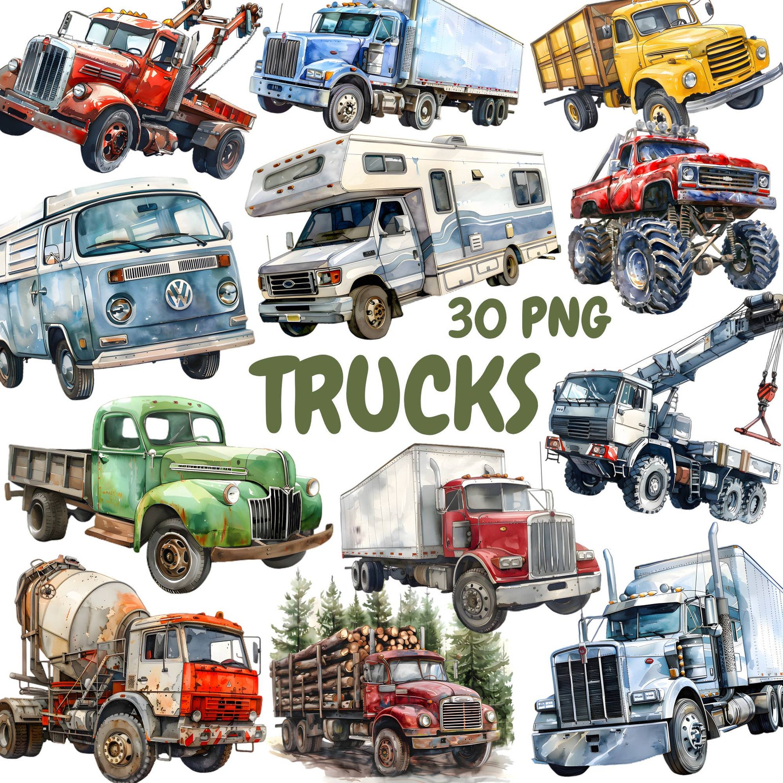 Watercolor Trucks Clipart Bundle, Pickup Truck Clipart, Transportation ...