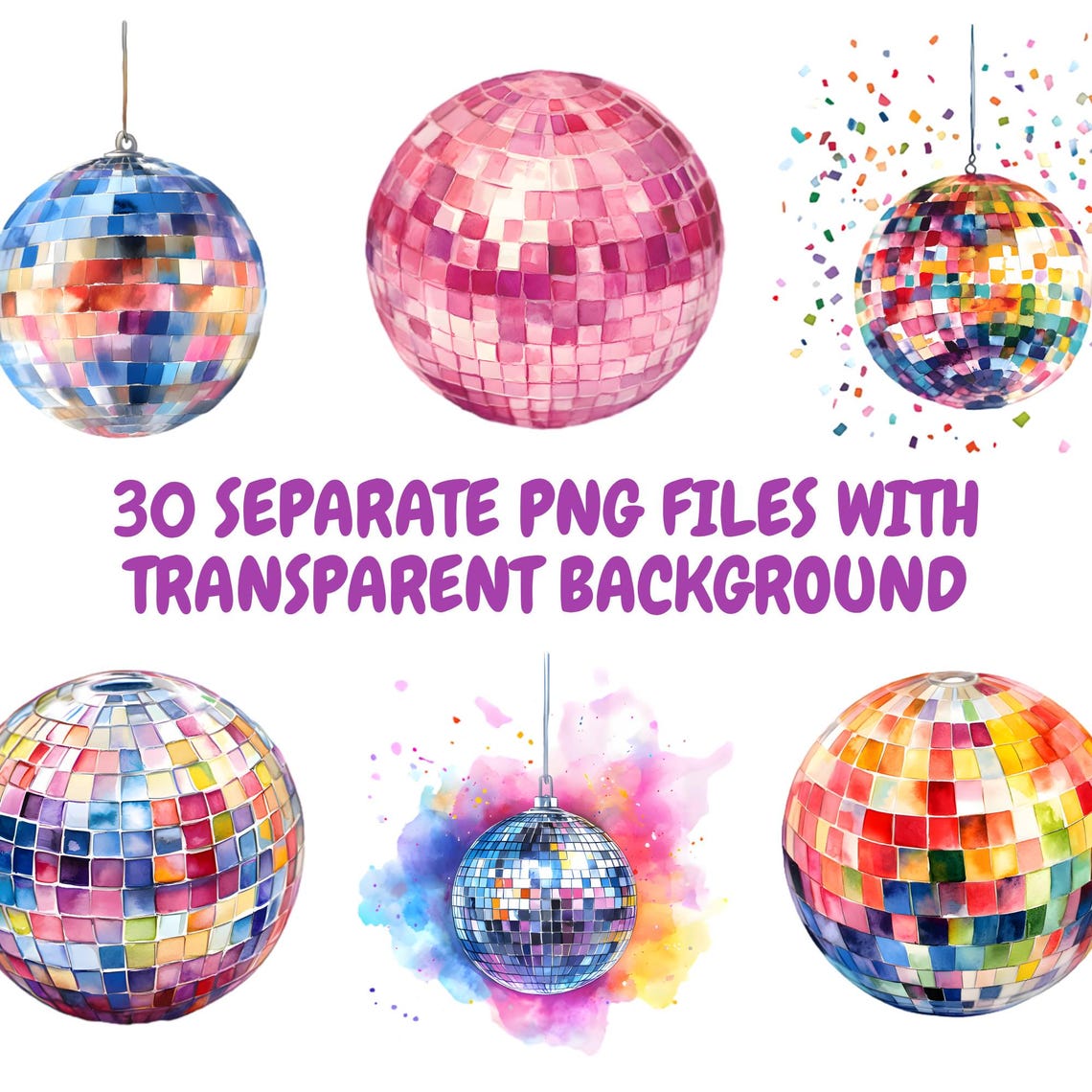 Watercolor Disco Balls Clipart Bundle, Party Lights Clipart, Dance ...