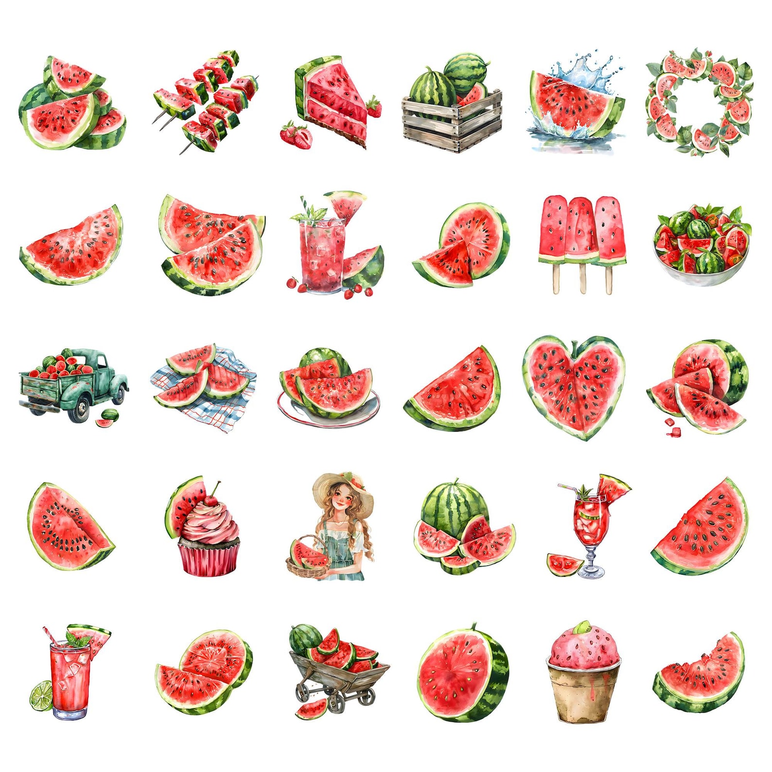Watercolor Watermelon Clipart Bundle, Watermelon Slice Clipart, Fruit ...