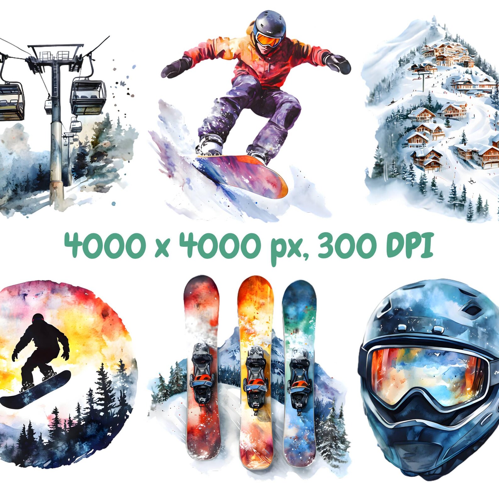Watercolor Snowboard Clipart Bundle, Winter Sport Clipart, Snowboard ...