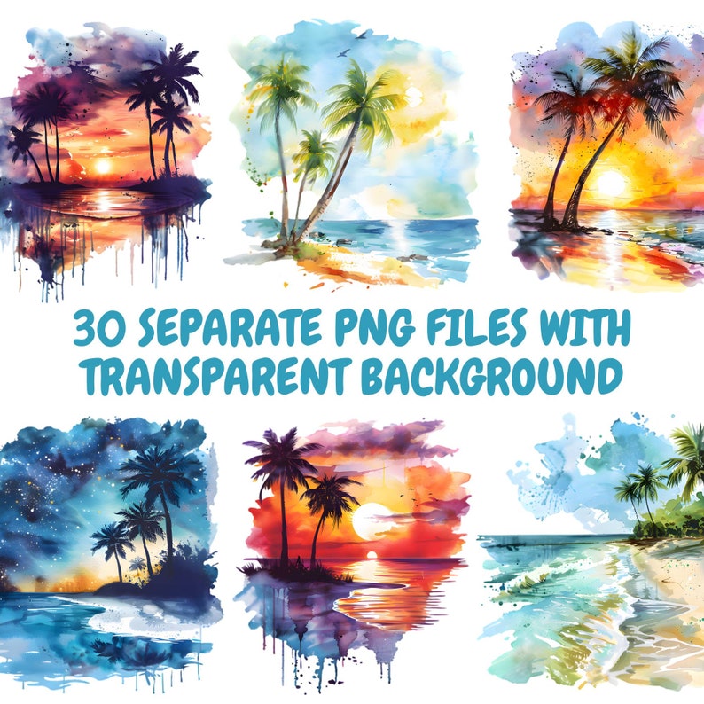 Watercolor Tropical Beach Clipart Bundle, Tropical Sunset Clipart ...
