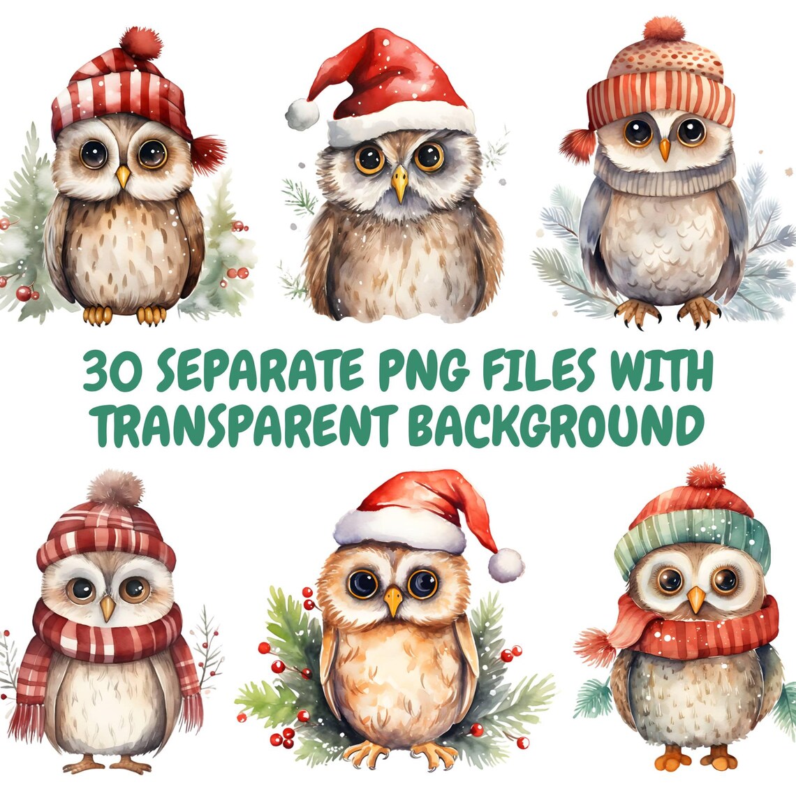 Watercolor Christmas Owls Clipart Bundle, Cute Owl Clipart, Winter Owl ...