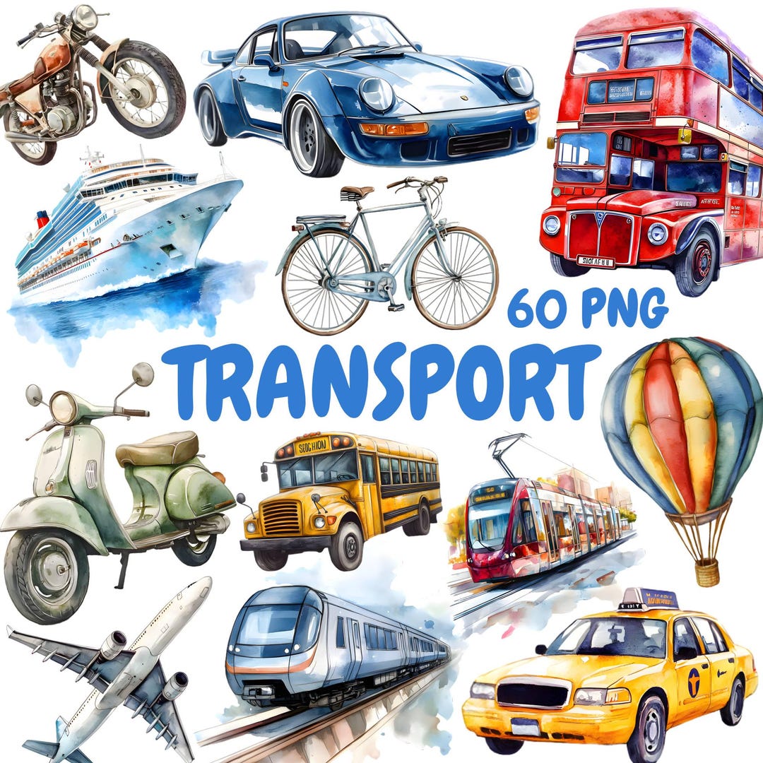 Watercolor Transport Clipart Bundle, Public Transportation Clipart ...