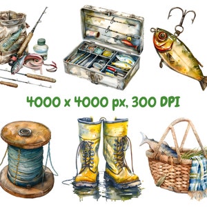 Watercolor Fishing Clipart Bundle, Fishing Rod Clipart, Fishing ...