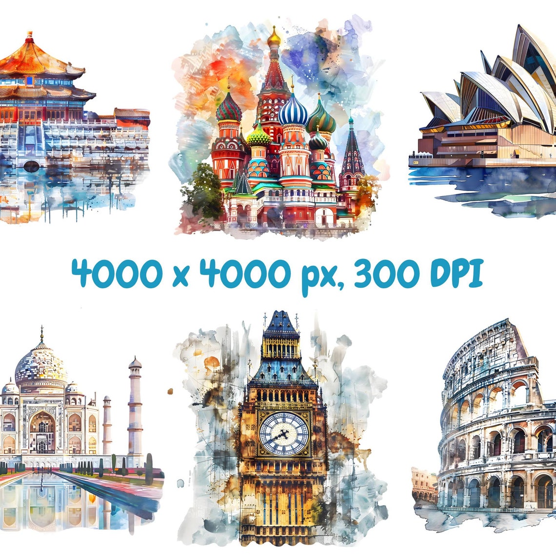 Watercolor Popular Landmarks Clipart Bundle, Famous Monuments Clipart ...