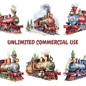 Watercolor Christmas Trains Clipart Bundle, Holiday Train Clipart, Red ...