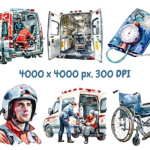 Watercolor Ambulance Clipart Bundle, Emergency Vehicle Clipart, Medical ...