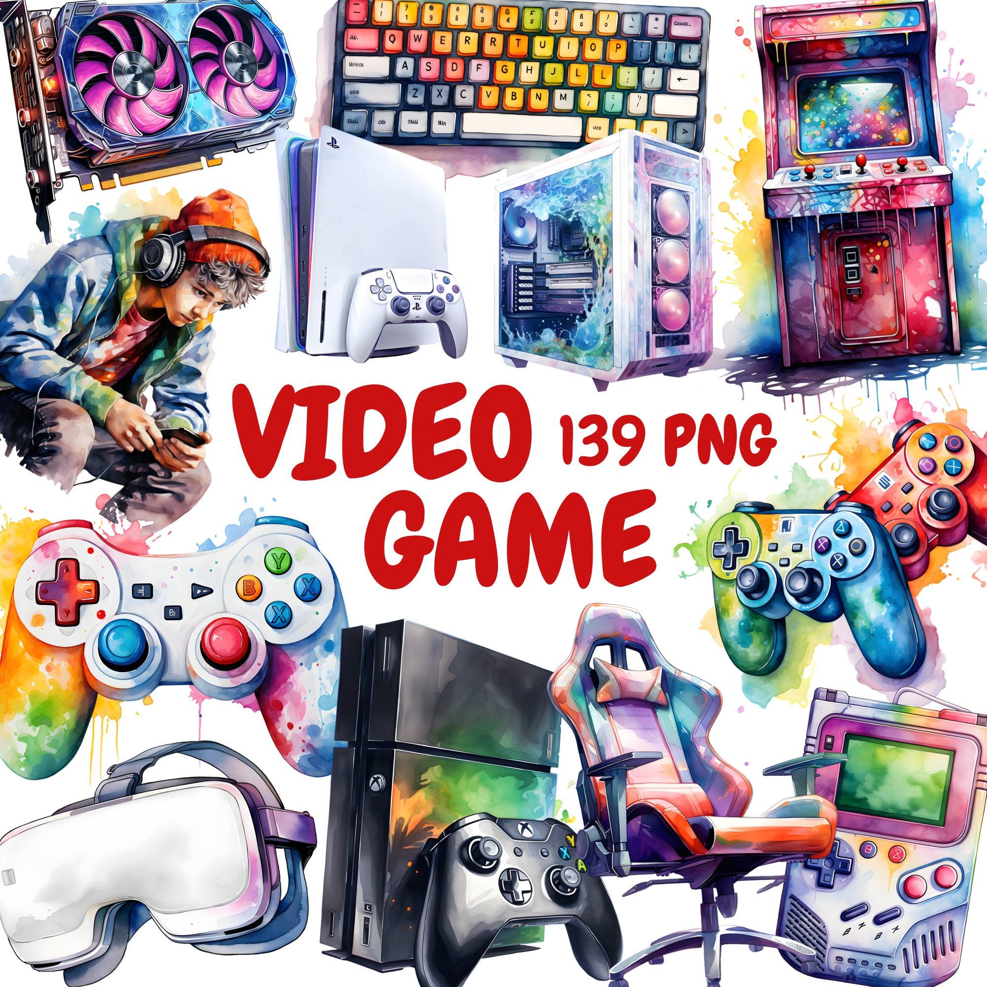 Watercolor Video Game Clipart Bundle, Arcade Game Clipart, Gaming ...