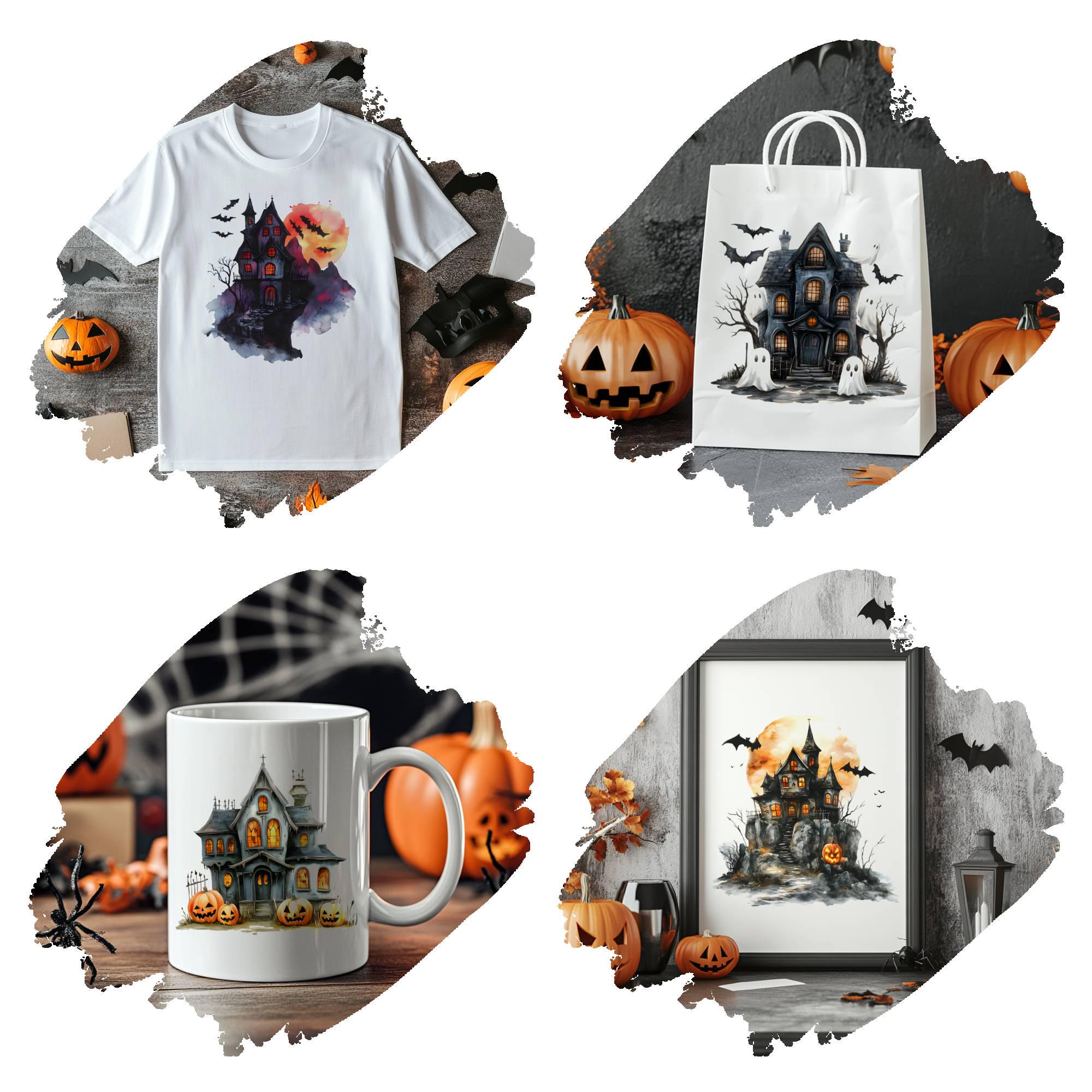 Watercolor Haunted House Clipart Bundle, Halloween House Clipart ...