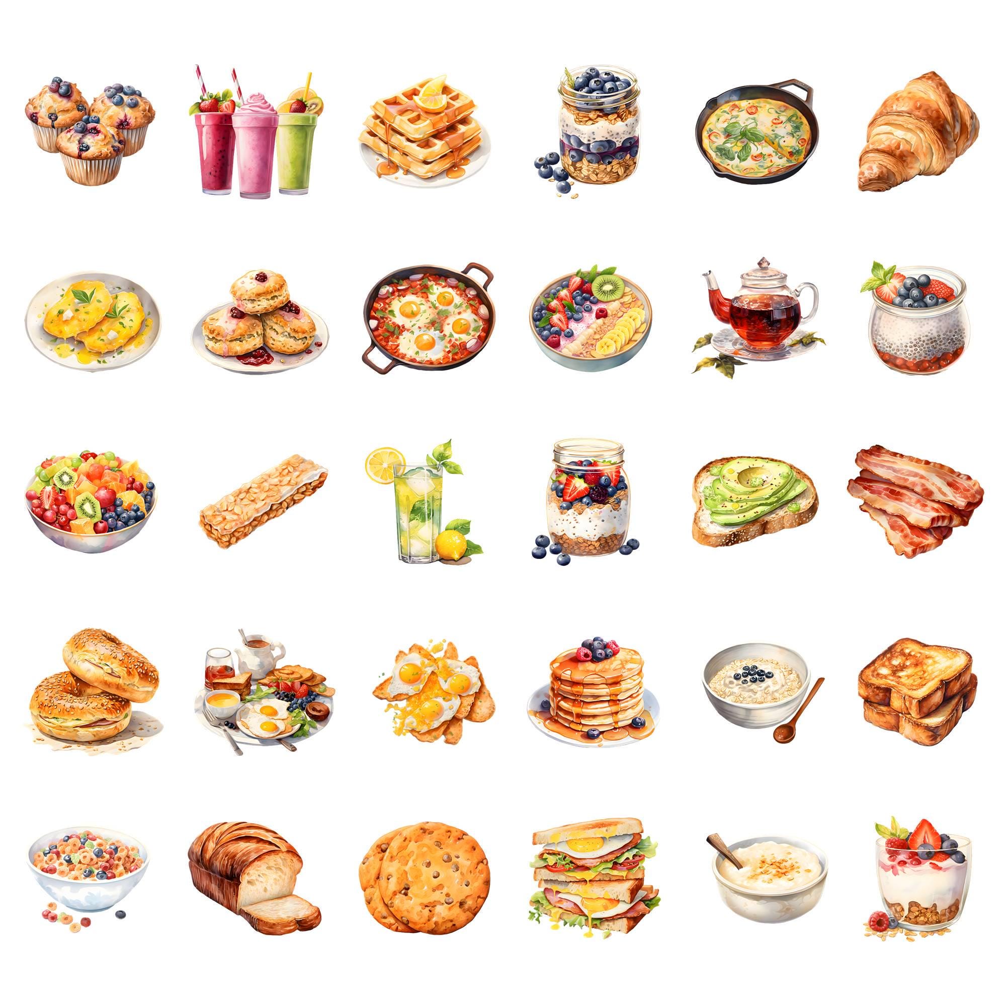 Watercolor Breakfast Clipart Bundle, Morning Meal Clipart, Food ...