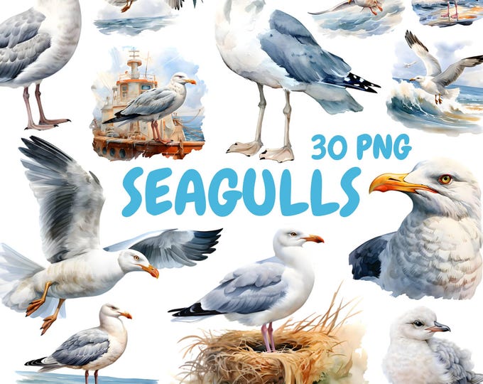 10 Printable Seagull Clipart, Seagull and Sea, Watercolor Seagull ...