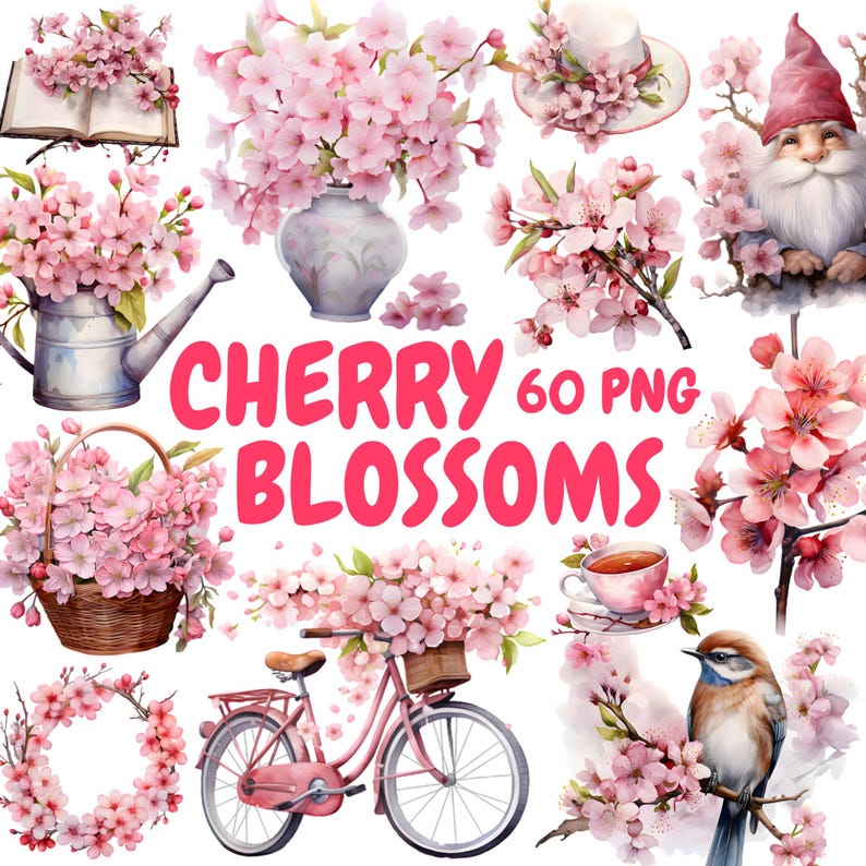 Watercolor Cherry Blossoms Clipart Bundle, Japanese Sakura Clipart ...