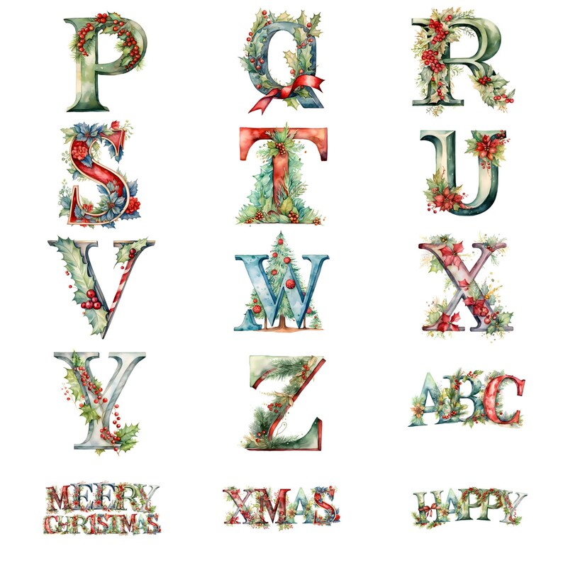 Watercolor Alphabet Clipart Bundle, Christmas Font Clipart, Greenery ...